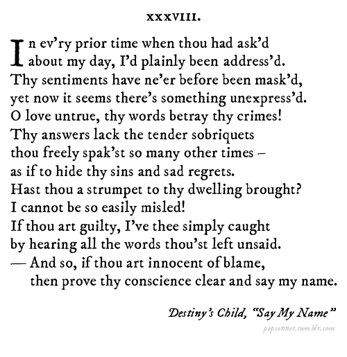 All your favorite pop songs reimagined as sonnets. ‹ Literary Hub
